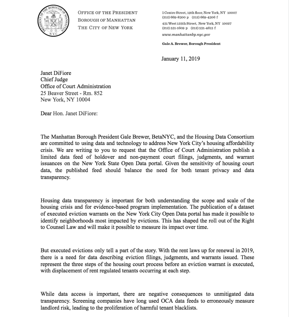 Housing Court Filings: Letter to Agency - BetaNYC